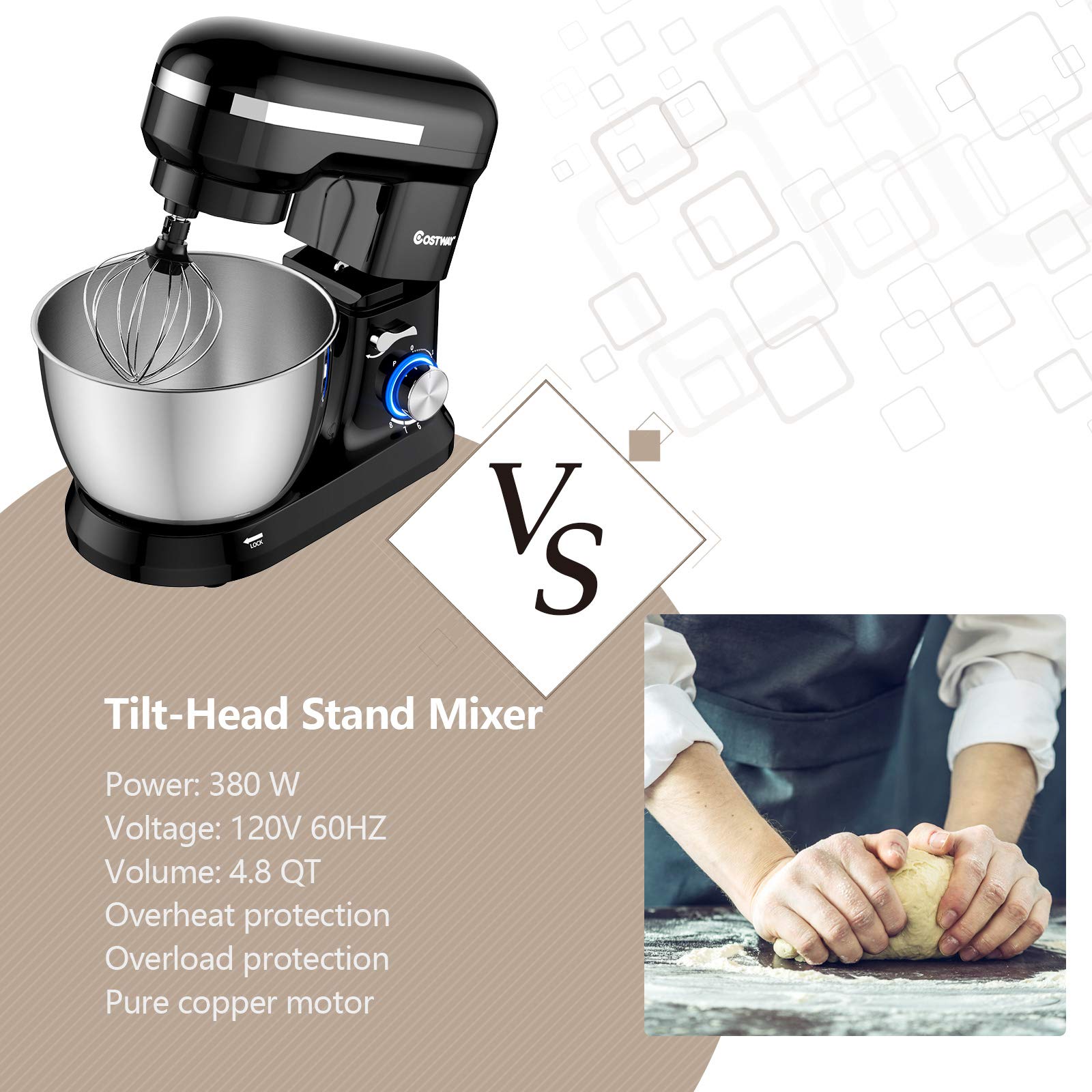 COSTWAY Tilt-Head Stand Mixer, 8-speed Food Mixer with Pulse Function, Multifunctional Kitchen Electric Mixer with Dough Hook, Whisk, Beater, Stainless Steel Bowl & Splash Guard (Black)