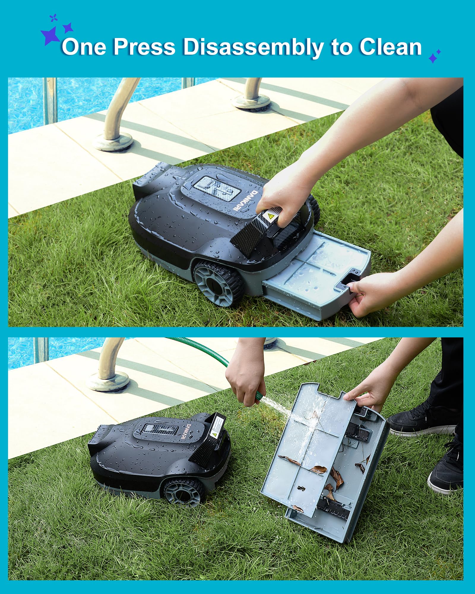 DANKARI Cordless Pool Robot Vacuum, Robotic Pool Rechargeable Cleaner for above Ground & In-Ground Swimming Flat Pools, Lasts 100 Mins, Automatic Self-Parking & Obstacle Avoidance (White)