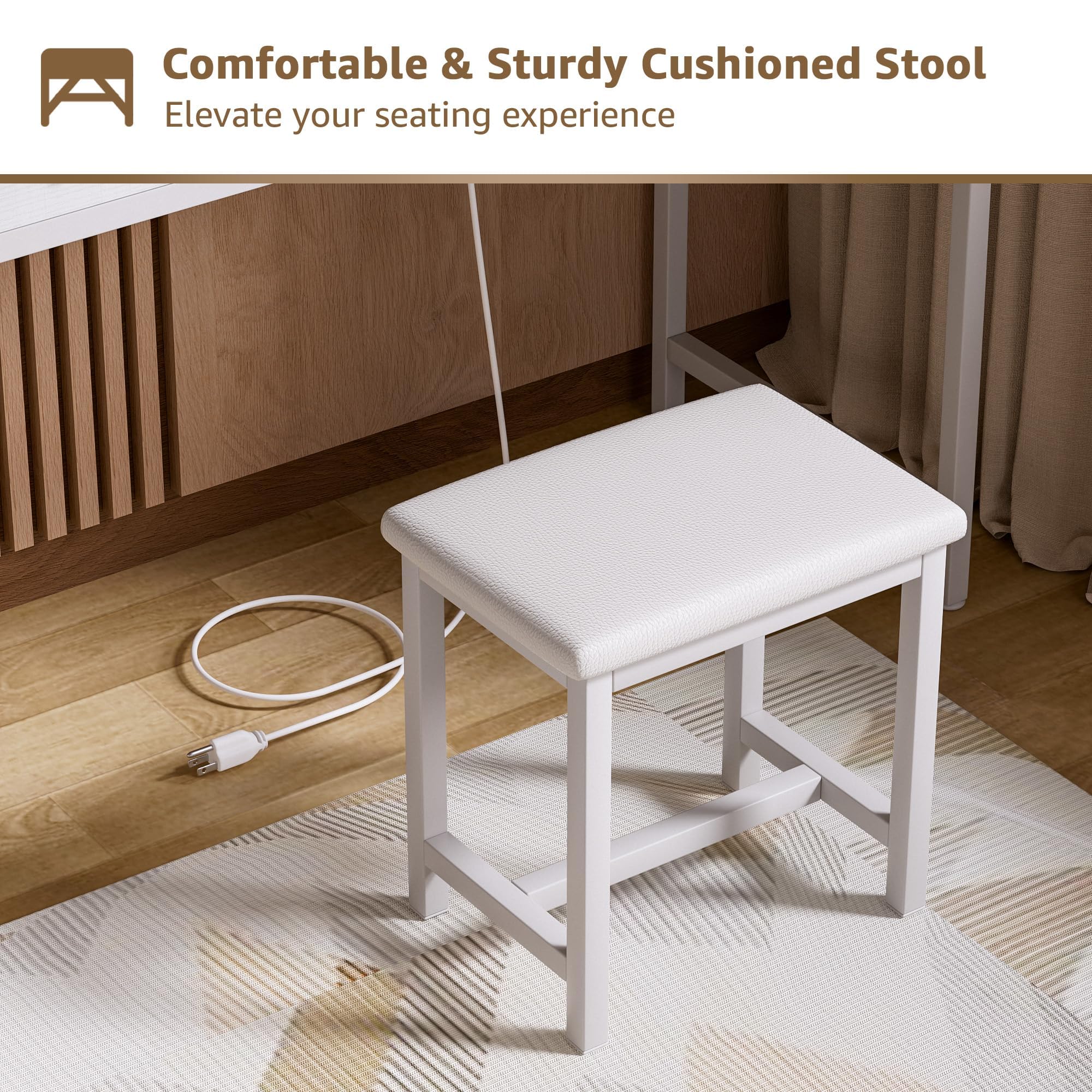 KAI-ROAD Makeup Vanity Desk with Mirror and Lights - Small White Vanity Table with Fabric Drawers & Chair, Power Outlet, Modern Make Up Vanitys Desks Set, Dressing Table for Girls Bedroom