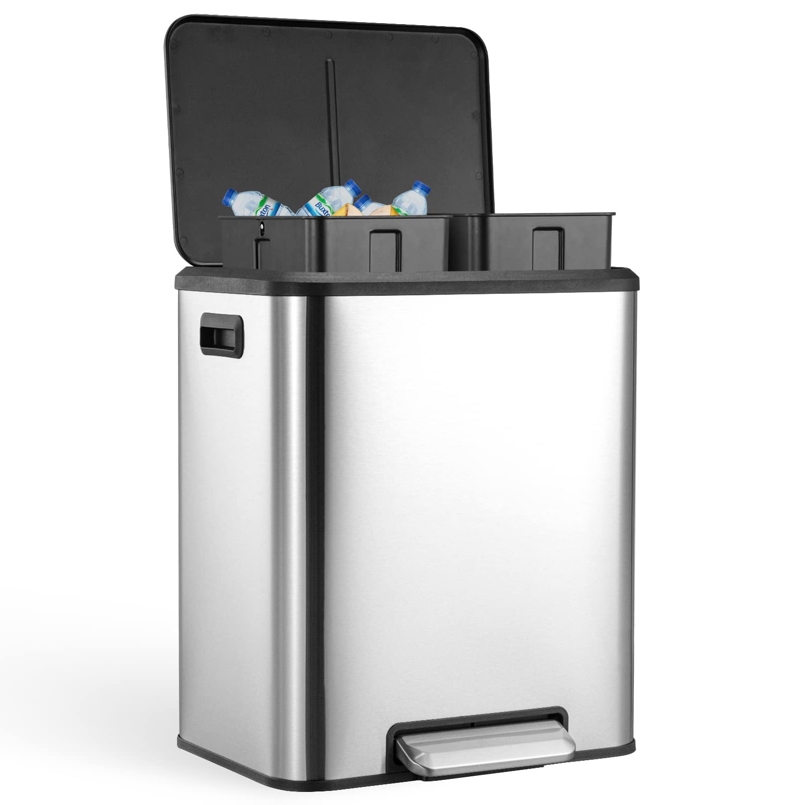 CREATIVE HOBBIES Dual Trash Can,Stainless Steel 2 x 4 Gal (2 x 15L) Garbage Can,Dual Compartment Step Trash Can Steel Pedal Recycle Bin with Two Removable Liner Buckets