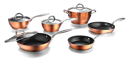 cooper pan Diamond-Infused Nonstick Induction Safe Cookware Set, Scratch-Resistant Pots and Pans Set with Glass Lids, Dishwasher Safe Oven Safe 10-Piece, Copper Brown