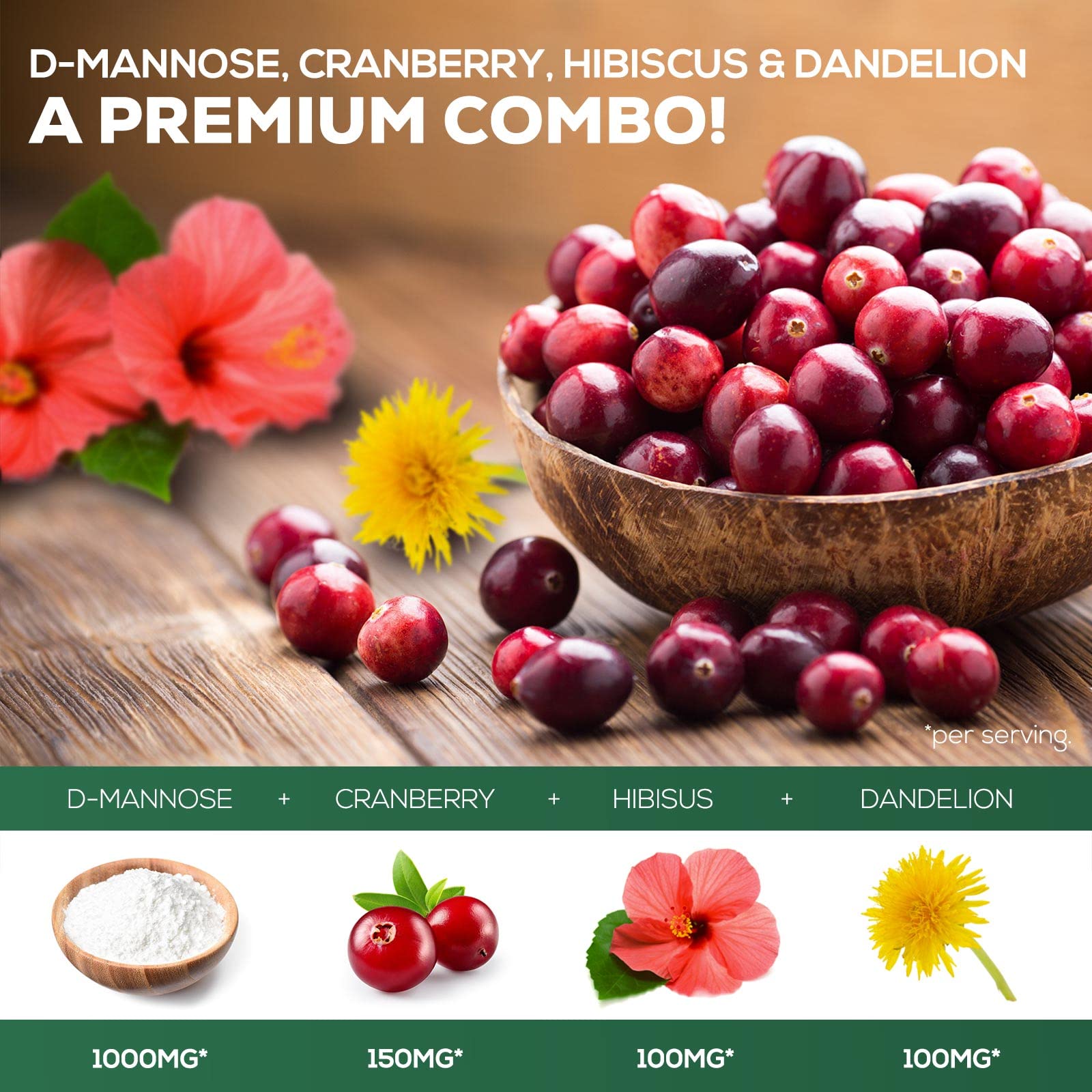 D-Mannose & Cranberry Extract 1350mg Advanced Formula, Fast-Acting Natural Urinary Tract Health Support for Women & Men, Flush Impurities in Urinary Tract & Bladder, Non-GMO, Vegan - 60 Capsules