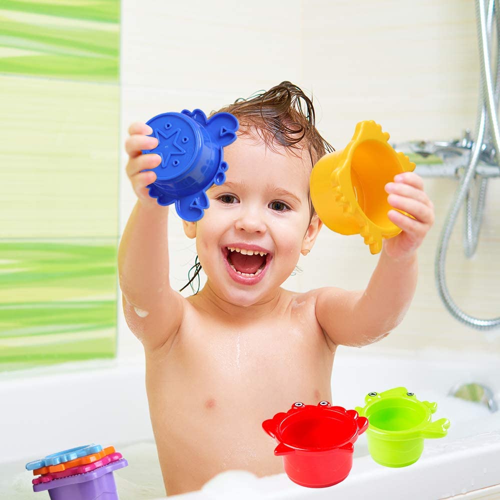 Stacking Cups Bath Toys for Toddlers, Rainbow Bath Cups for Baby 1-3 Years Old, Safe Infant Nesting Cups with Rubber Duckie for Fun Bath Time, Birthday Stocking Stuffers Early Learning Educational Toy