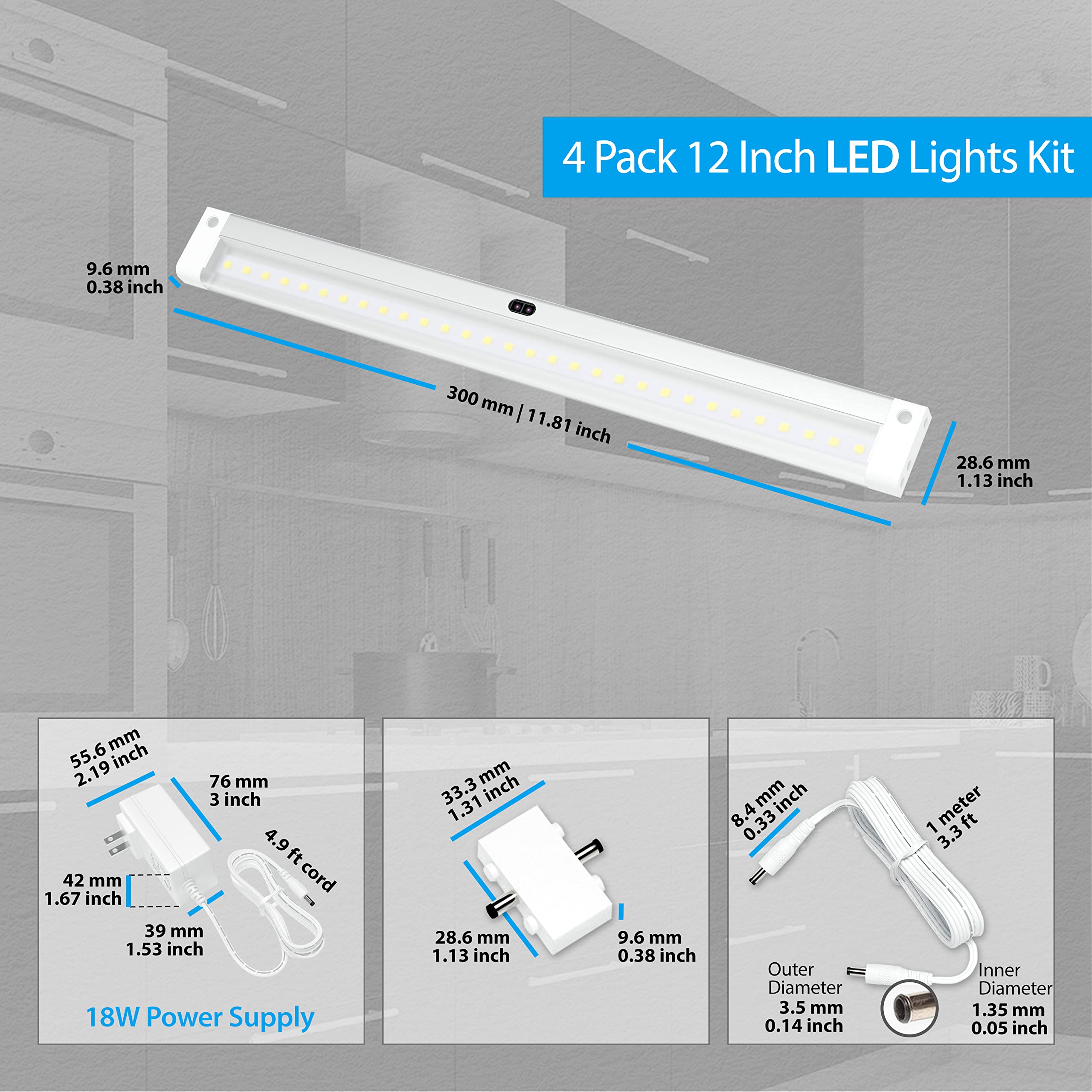 EShine Hand Wave Activated Under Cabinet LED Lighting Kit, Dimmable, 4-Pack 12 in - Touchless Dimming Control, White Under Counter Lights for Kitchen, Garage, Office, Desk - Cool White (6000K)