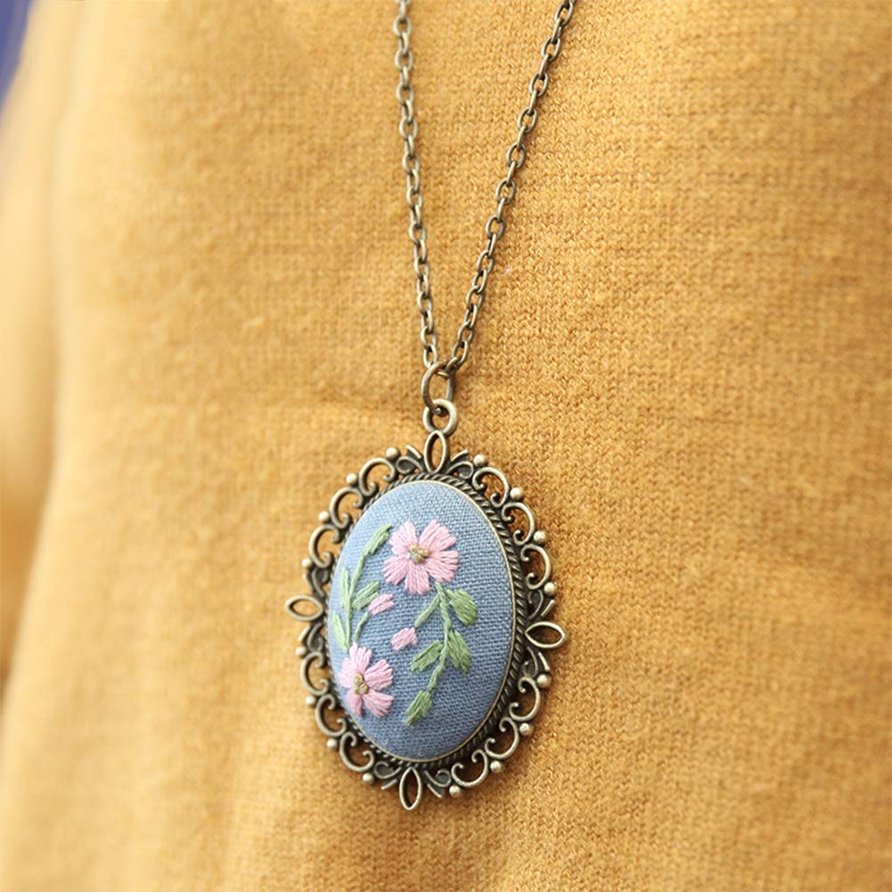 CREATIVE HOBBIES Embroidery Pendant Kitt,Handmade Cross Stitch Kits, Embroidered Pendant Necklace Easy Embroidery Kit for Beginners Women Adults DIY Crafts