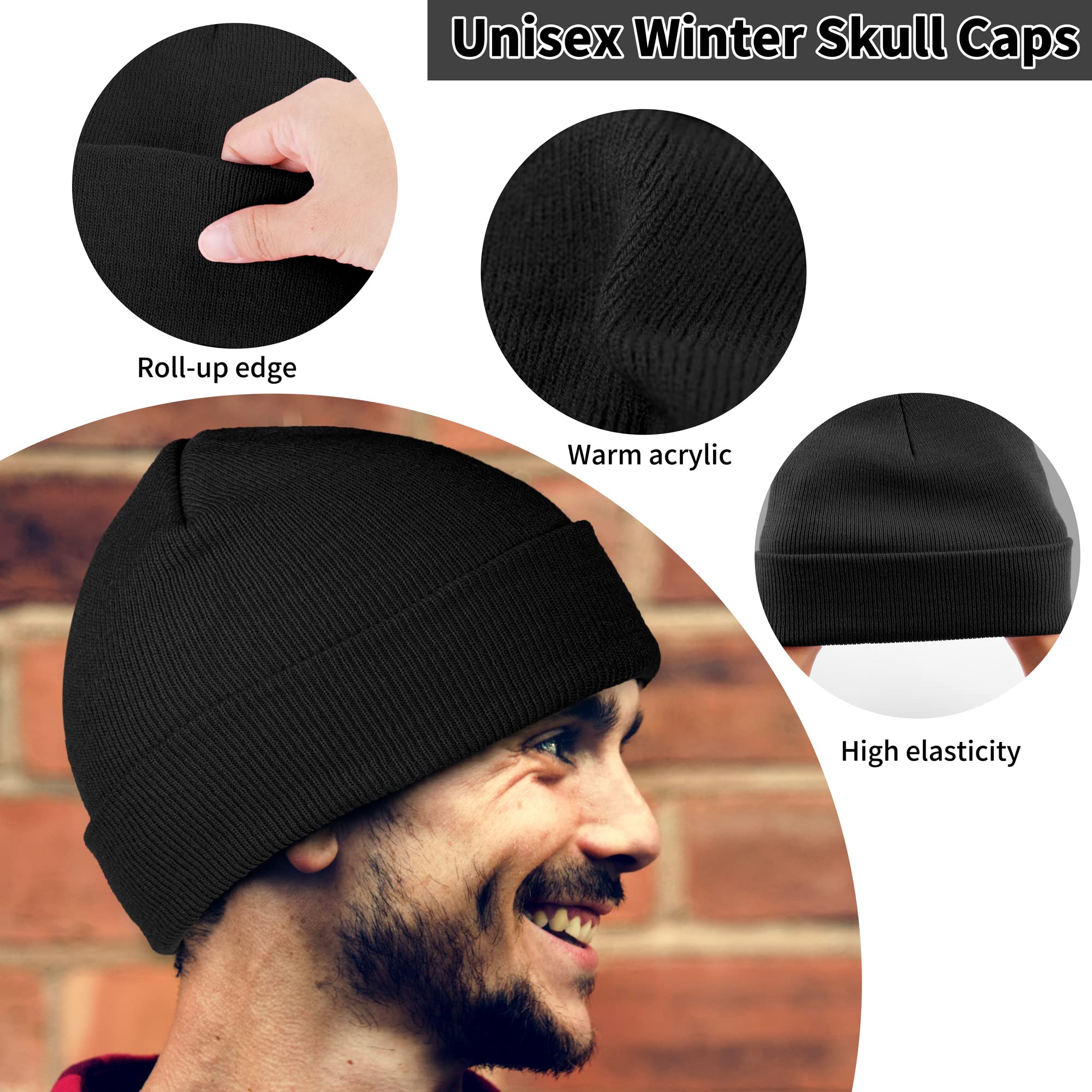 Cooraby 3 Pack Unisex Winter Skull Cap Beanies Knitted Cuff Hats Caps Roll-up Edge Beanie Hats for Men Women Outdoors Black