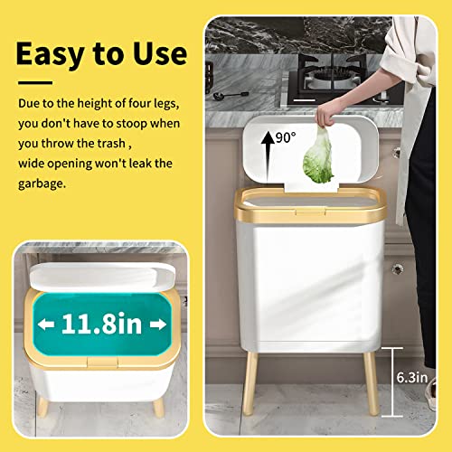 Trash Can with Lid, Plastic Garbage Can with Push Button, Narrow Modern Waste Basket for Kitchen, Slim Bedroom Garbage Bin, 15L Bathroom Trash Can for Home, Living Room, Toilet, Office (White)