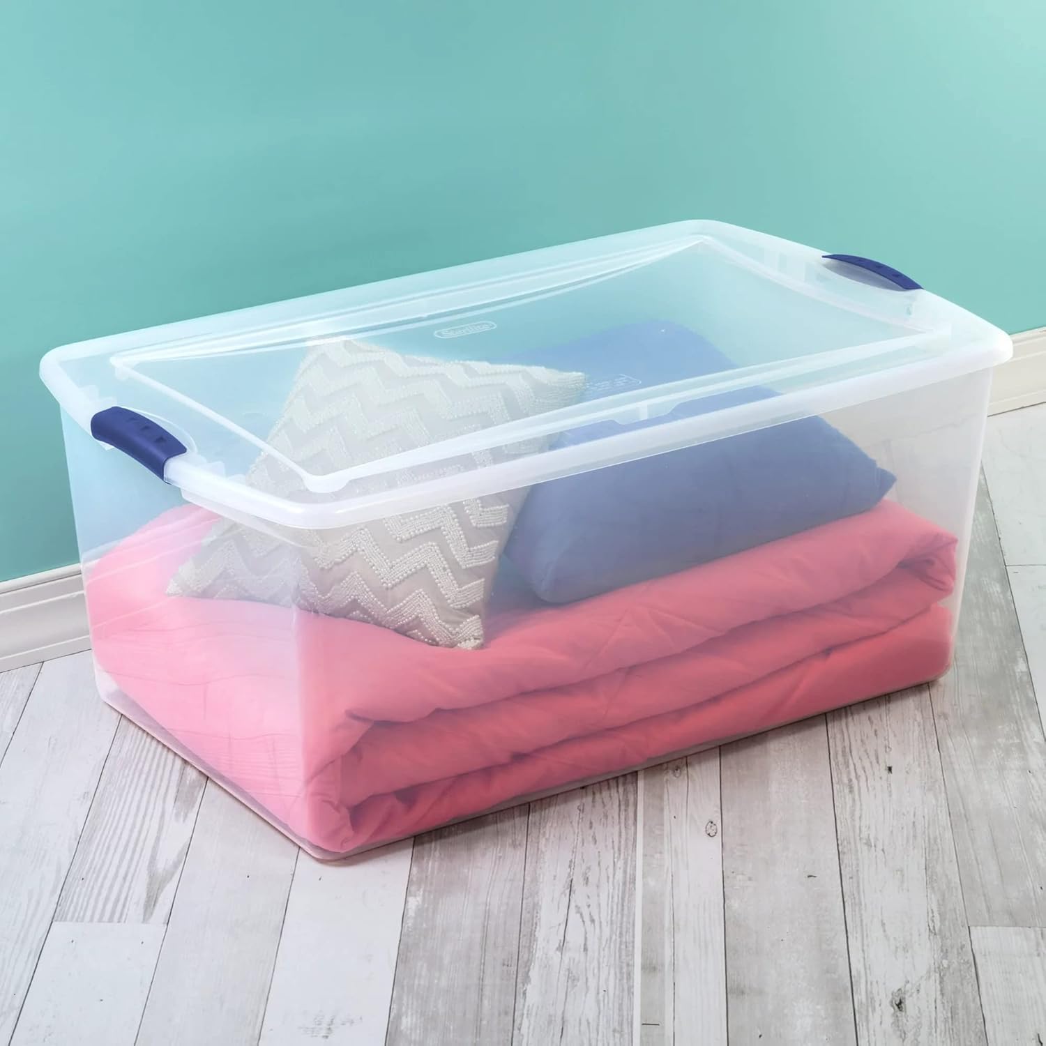 KpHQv 105 Qt. Plastic Storage Bin Tote Organizing Container With Durable Lid, Latch Box, Stackable and Nestable Snap Lid Plastic Storage Bin, 1 Pack, Clear With Blue Buckle