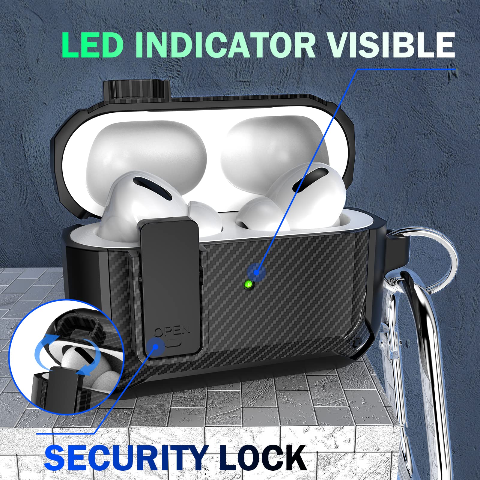 Wustentre Case for Airpods Pro 2nd Generation Case Cover with Lock Lid, Rugged Airpod Pro 2 Case with Keychain for Men Women, Military Protective Case for Airpods Pro & AirPods Pro 2 Gen