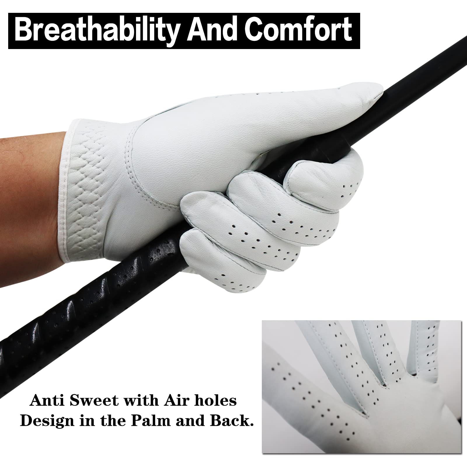 FINGER TEN Golf Gloves Men Right Handed Golfer Left Hand 3 Pack Cabretta Leather White Soft All Weather Grip Breathable Lightweight Flexible Glove (White, Large, Worn on Left Hand)