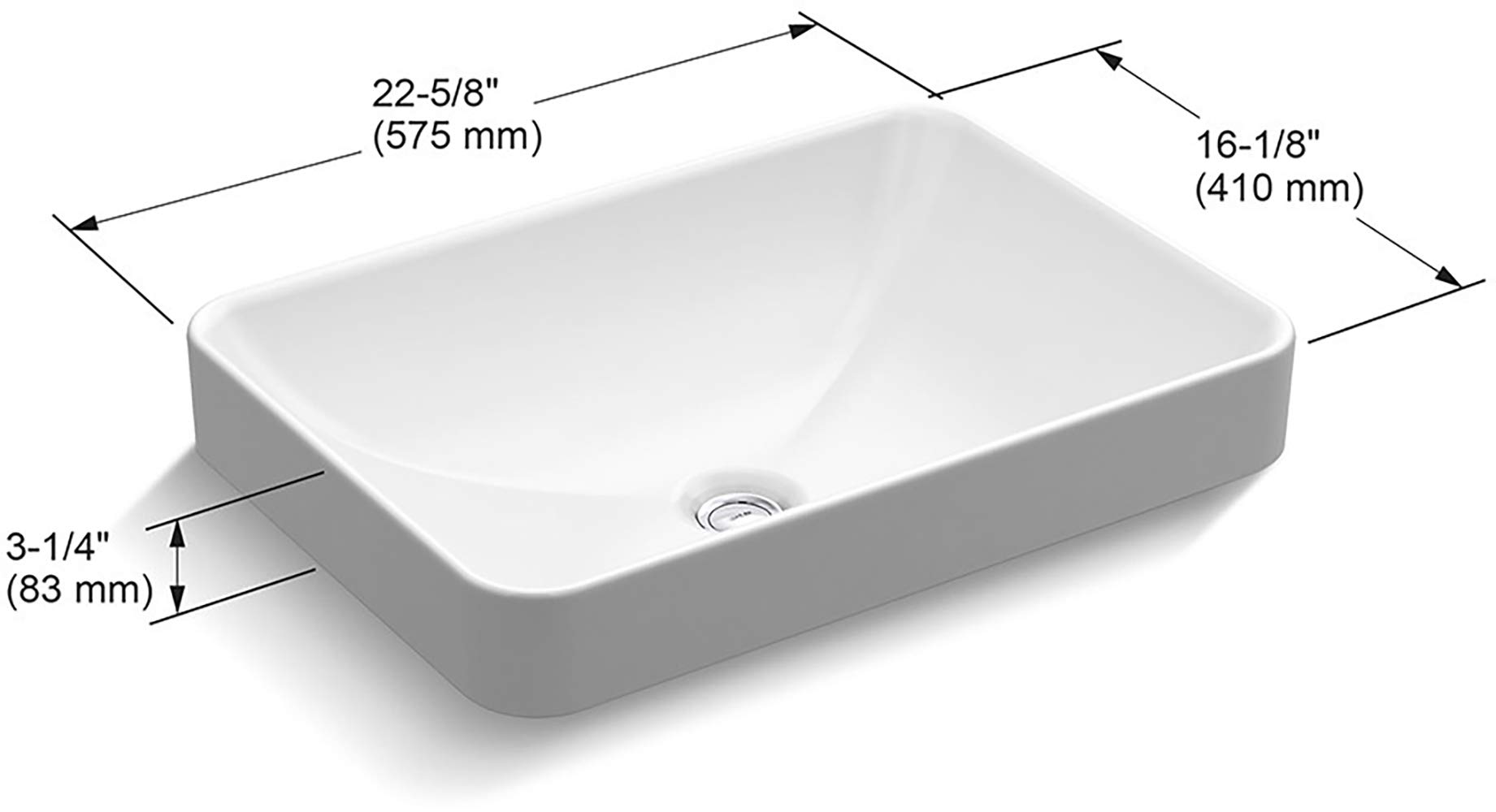 KOHLER 5373-0 Vox Rectangle Vessel Bathroom Sink, Vitreous China , 22-5/8" W X 16-1/8"L, White