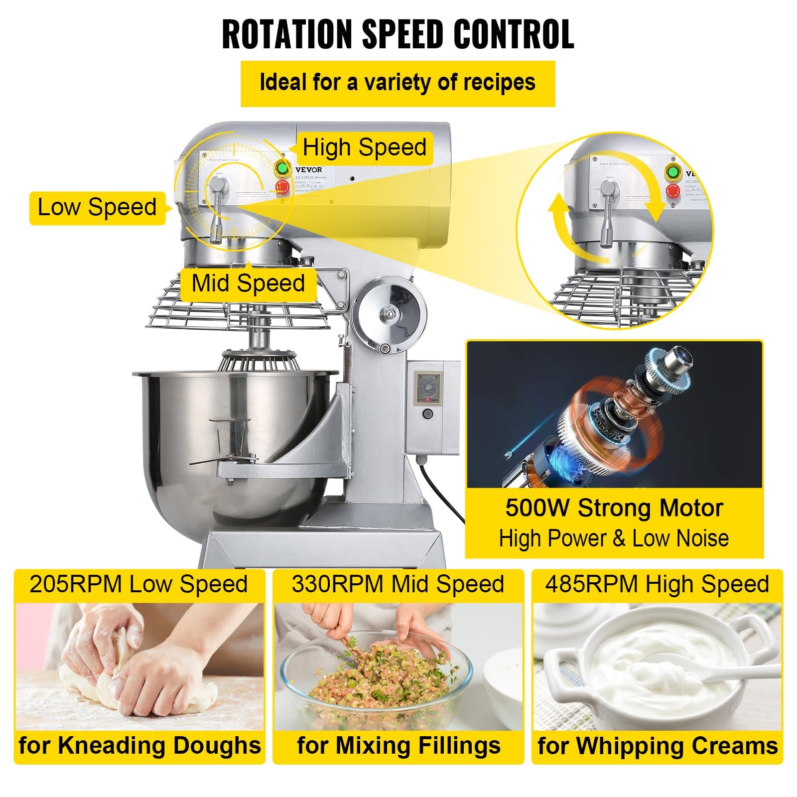 Happybuy 10Qt Commercial Food Mixer with Timing Function, Commercial Mixer 500W Stainless Steel Bowl Heavy Duty Electric Food Mixer Commercial with 3 Speeds Adjustable, Perfect for Bakery Pizzeria