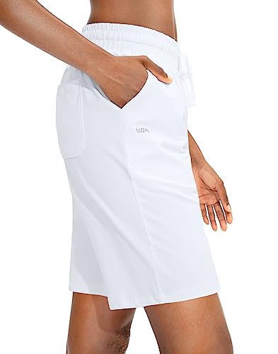 Viodia Women's Bermuda 10" Long Shorts with PocketsĀ Cotton Sweat Lounge Shorts for Women Jersey Athletic Knee Length Shorts for Summer White