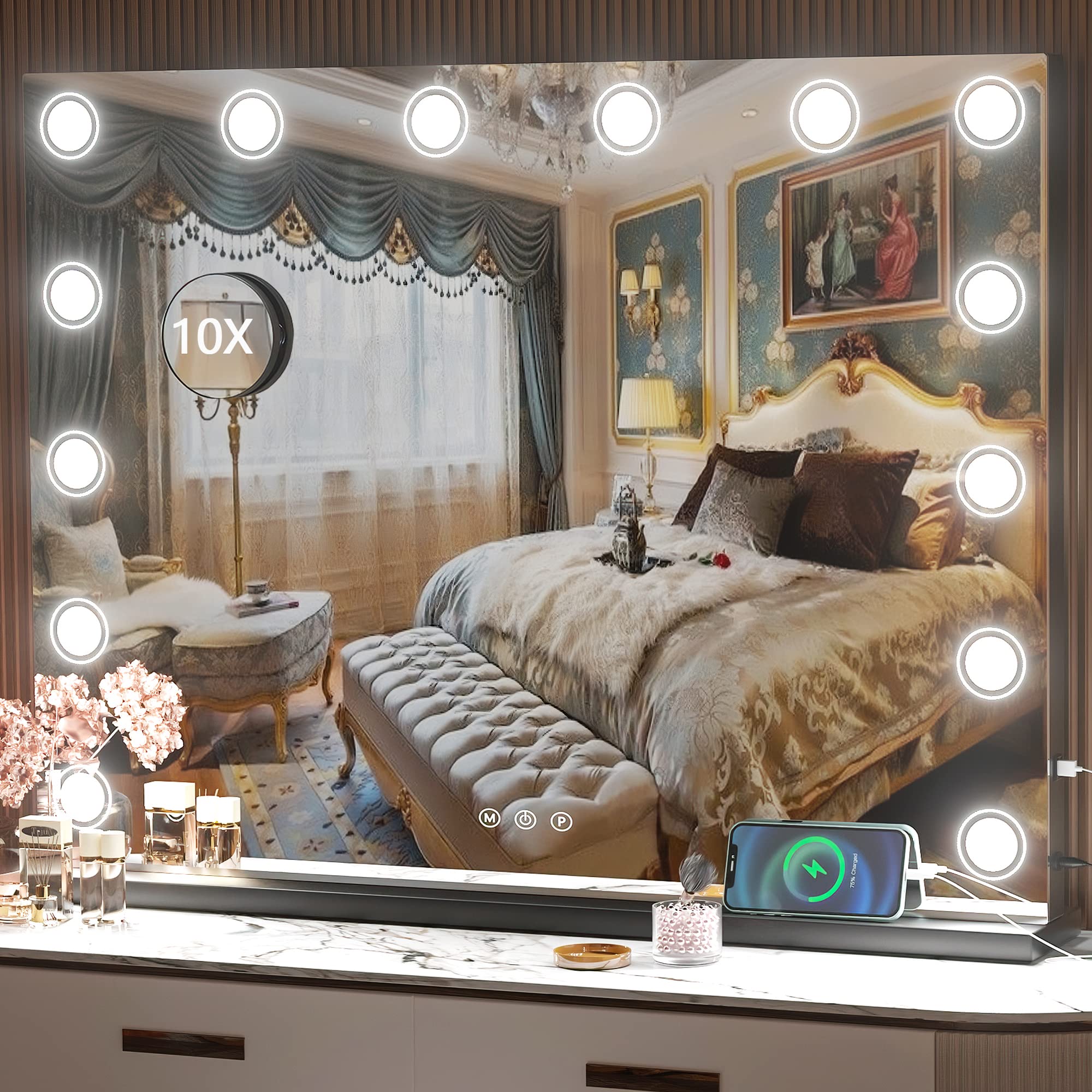 Hasipu Vanity Mirror with Lights, 32" x 24" Makeup Mirror, Light up Mirror with 14 Dimmable LED Lights and 10X Magnification, 3 Colors Modes, Touch Control, USB Charging Port, Black