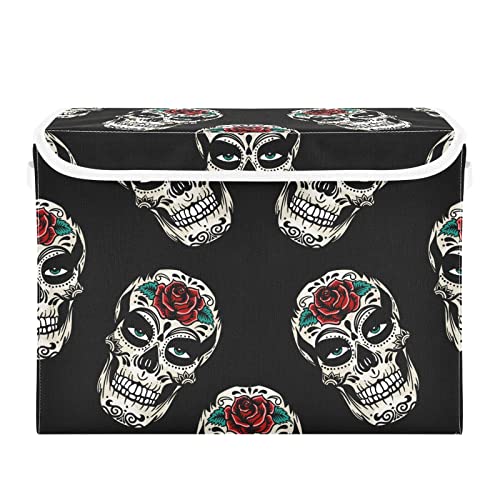 innewgogo Skull with Rose above Head Storage Bins with Lids for Organizing Cube Cubby with Handles Oxford Cloth Storage Cube Box for Toys