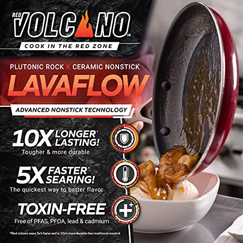 Red Volcano Textured Ceramic Nonstick, 11" Flat Bottom Wok Stir-Fry Pan with Lid for High Heat Cooking, Oven & Broiler Safe to 600 Degrees, Dishwasher Safe, PFAS PFOA & PTFE Free, Red