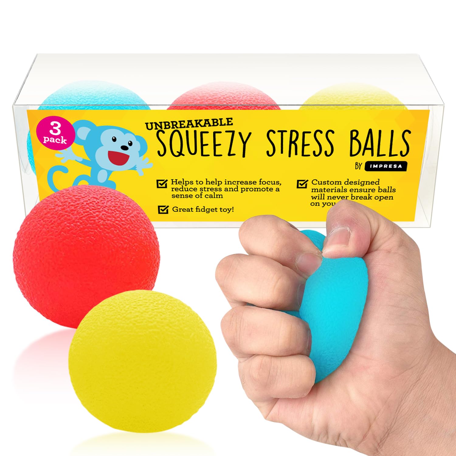 Squishy Stress Balls from The Original Monkey Noodle - 3 Pack - Sensory Toys for Kids with Unique Needs - Fosters Creativity, Focus, and Fun - Great for Classrooms, Home, and Playtime (3 Colors)