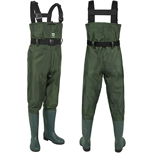 TIDEWE Bootfoot Chest Wader, 2-Ply Nylon/PVC Waterproof Fishing & Hunting Waders with Boot Hanger for Men and Women Green Size 11