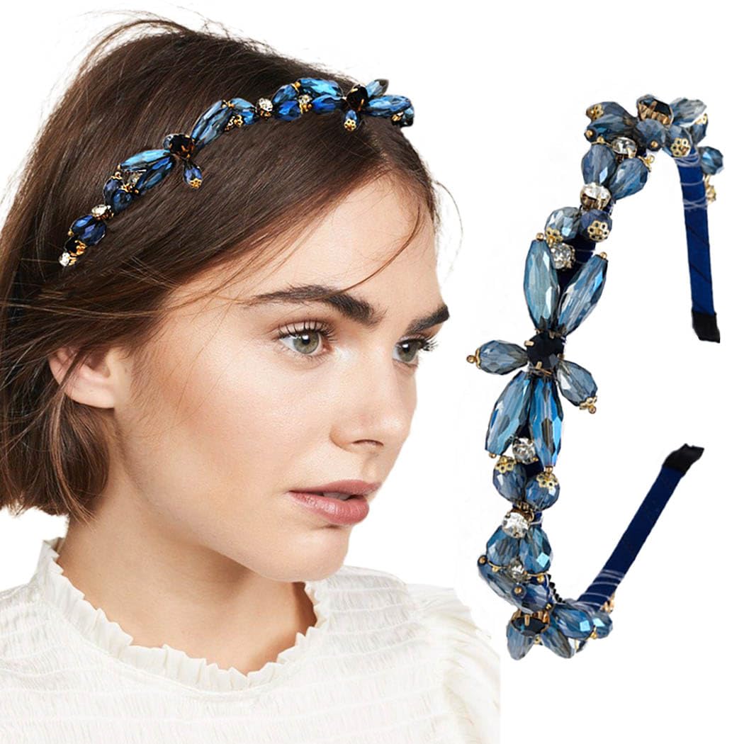 Firuilo Thin Rhinestones Headband Blue Crystal Hair Bands Sparkle Beaded Head Bands for Women(Blue)