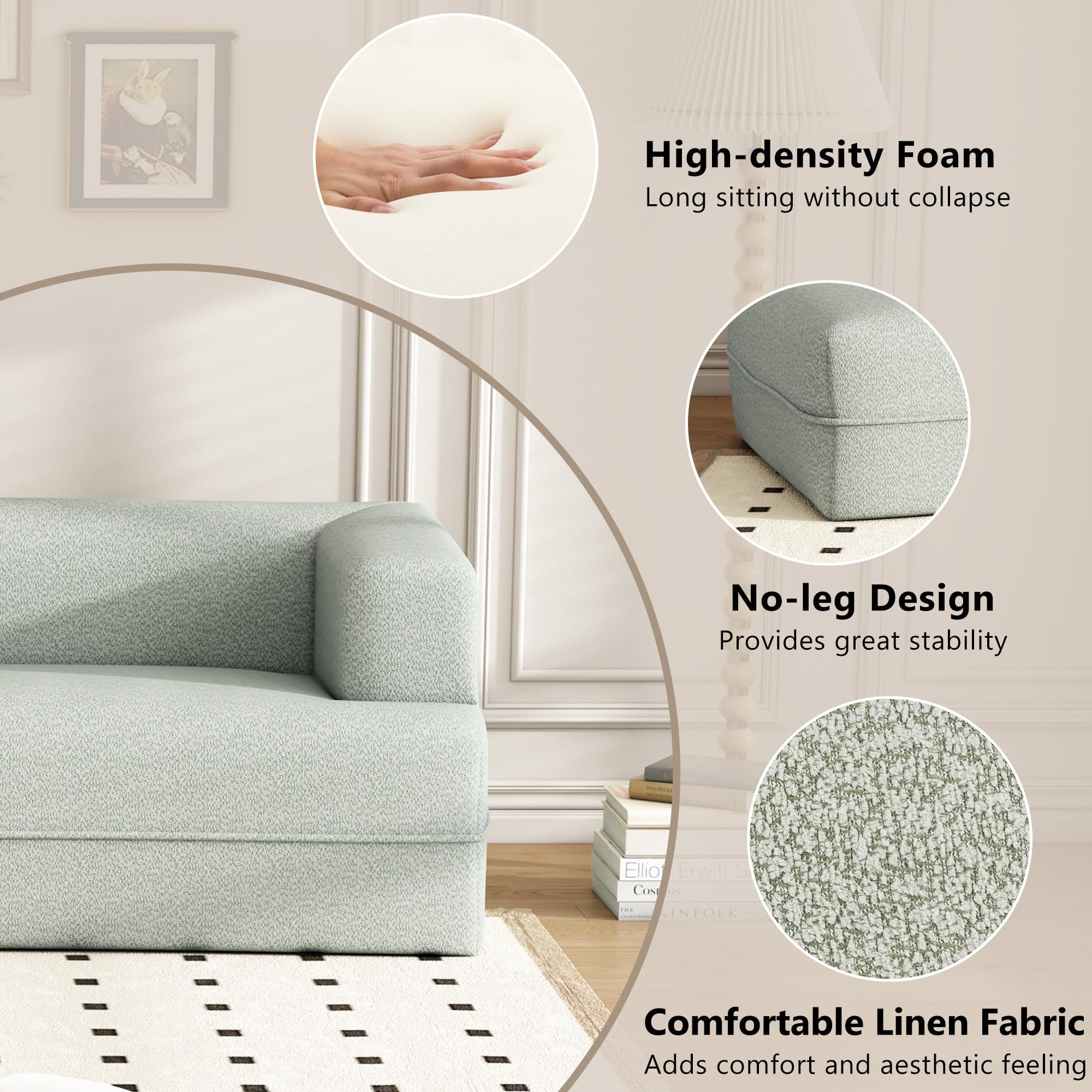 Merax 109.4" Curved Chaise Lounge, Recliner Sofa Couch with Linen Fabric and No-Leg Design for Living Room, Study Room, and Apartment, Beige