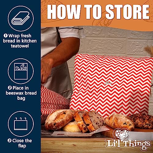 Li'l Things Eco-friendly Reusable Beeswax Bread bags | Set of 2 Sizes 13'x13' & 15’x 9’ | 6 Different Themes | Perfect Bag for Home-Baked | Store-Bought Bread | No Plastic | Red Zig Zag