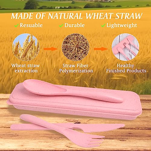 Travel Utensil Set with Case, 2 Sets Forks Spoons and Knives Set, Wheat Straw Reusable Plastic Utensils, Portable Cutlery Set, BPA Free Lunch Box Utensils Set for Work, Dorm, Camping (Pink, Blue)