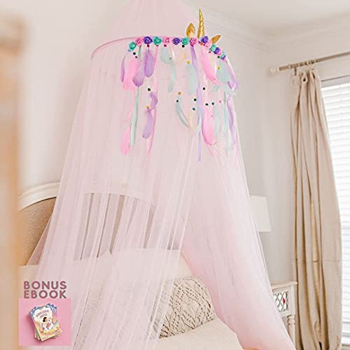 Unicorn Princess Bed Canopy for Girls - Unicorn Kids Canopy for Bed - Bed Netting Canopy for Girls - Hanging Reading Nook Canopy for Girls Room - Little Girls Canopy for Queen Bed with E-Book