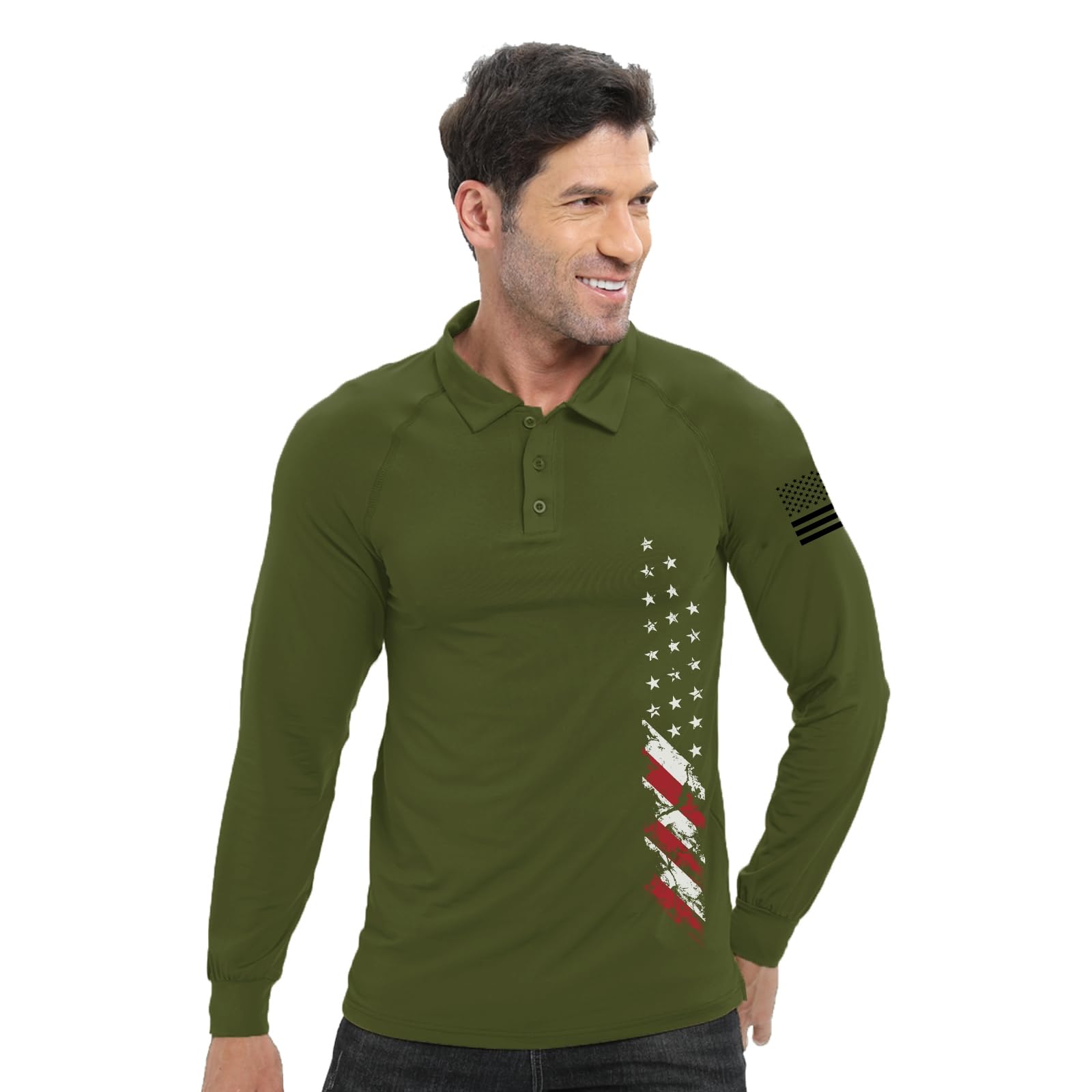 H HYFOL Long Sleeve Polo Shirts for Men Graphic Stretch Casual American Patriotic Raglan Golf Polos for Men(Olive Green,L)