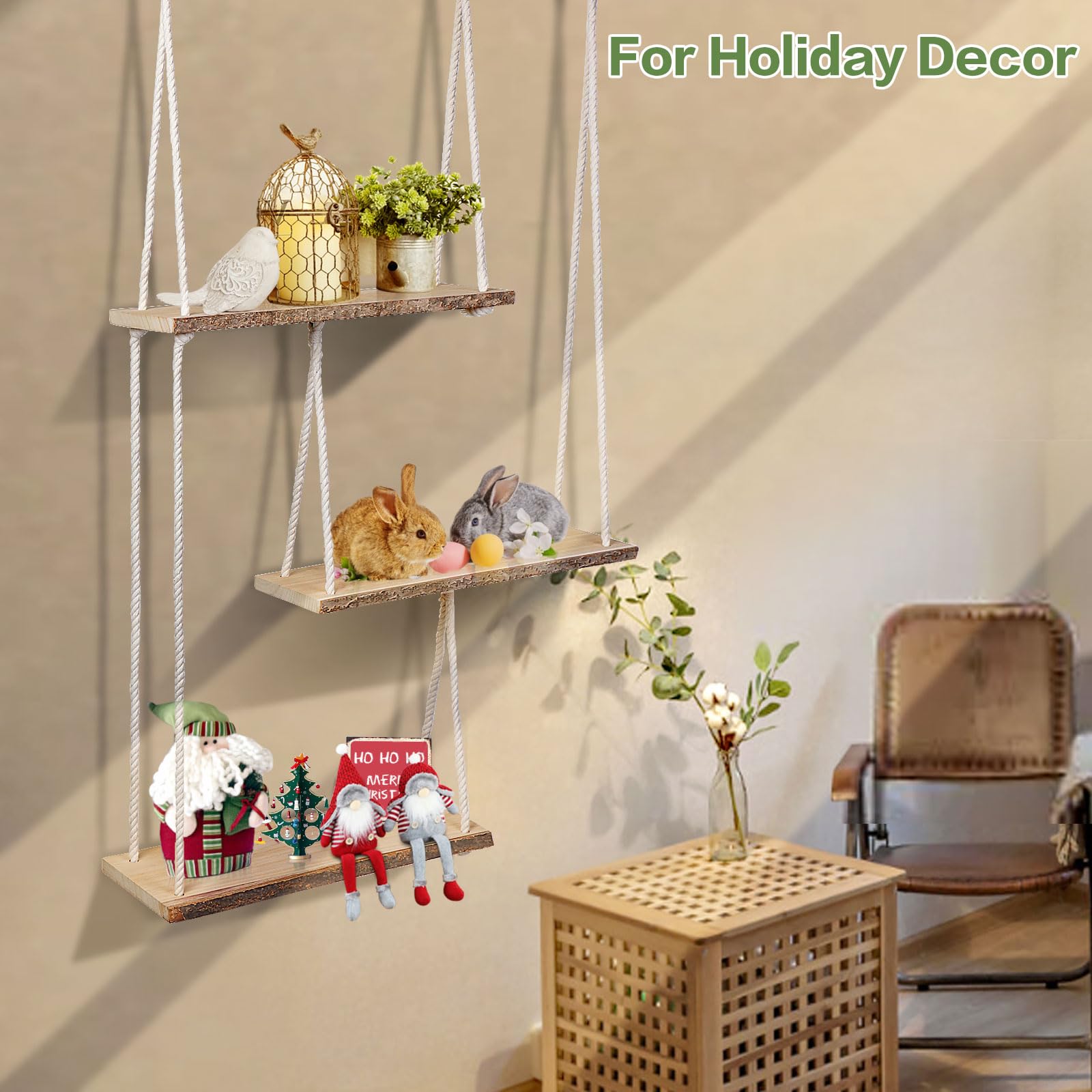 OriCre Floating Shelves Boho Wall Shelves 3 Tier Rustic Wood Hanging Shelves Adjustable Rope Shelf for Boho Aesthetic Room Decor Bedroom/Living Room/Bathroom/Kitchen/Corner/Plant,Book,Décor