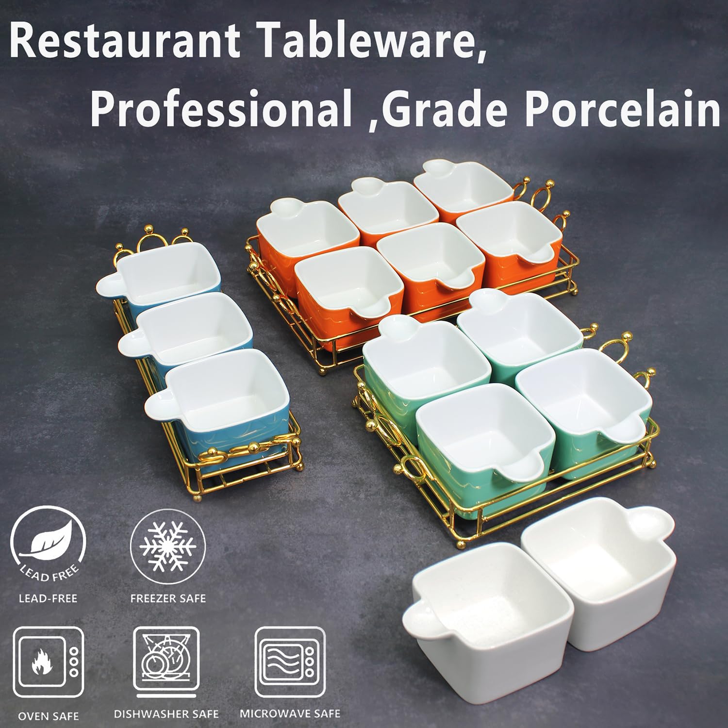 Creativity Home Ceramic With Handle Bowl Metal Tray, 6 Removable dip bowls are used for appetizers, potato chips, fruits, candies, and condiments,birthday parties Holiday, White 6- grid