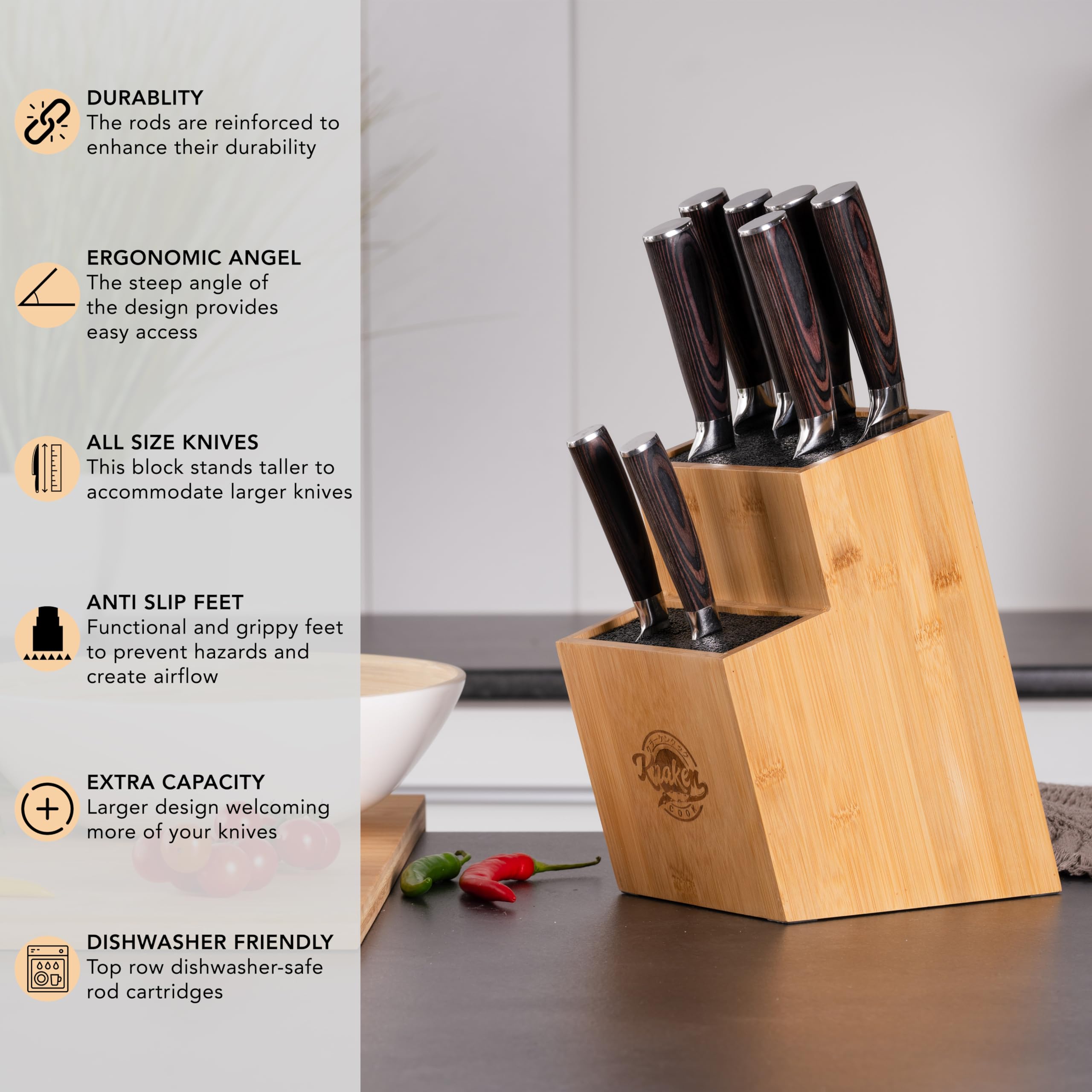 KrakenCook Bamboo Universal Knife Block - Extra large - Without Knives - Strong Resistant Rods - Anti Slip - Two Teired Slotless Knife Organiser