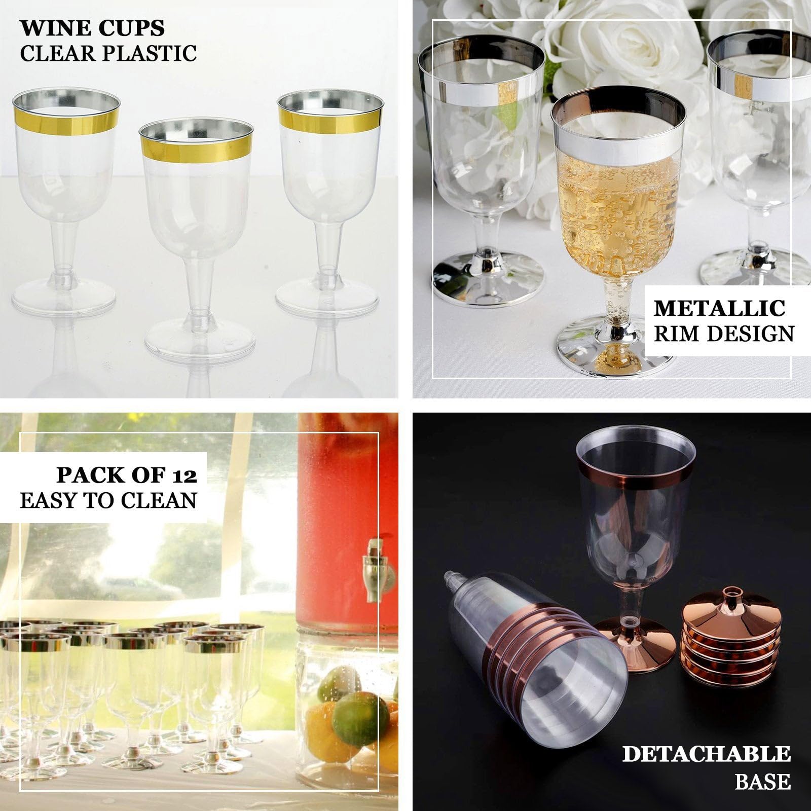 Efavormart 12 Pack 6.5 oz Plastic Wine Glasses Disposable 2-Piece Rose Gold Rimmed Design With Detachable Base