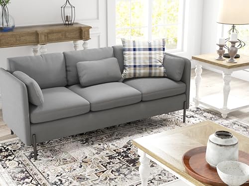 LINLUX 70 Inch Sofa Couch, 3 Seater Couches for Living Room, Comfy Sofas w/3 Pillows and Iron Legs, Fabric Sofa for Small Spaces, Bedroom, Office, Light Grey