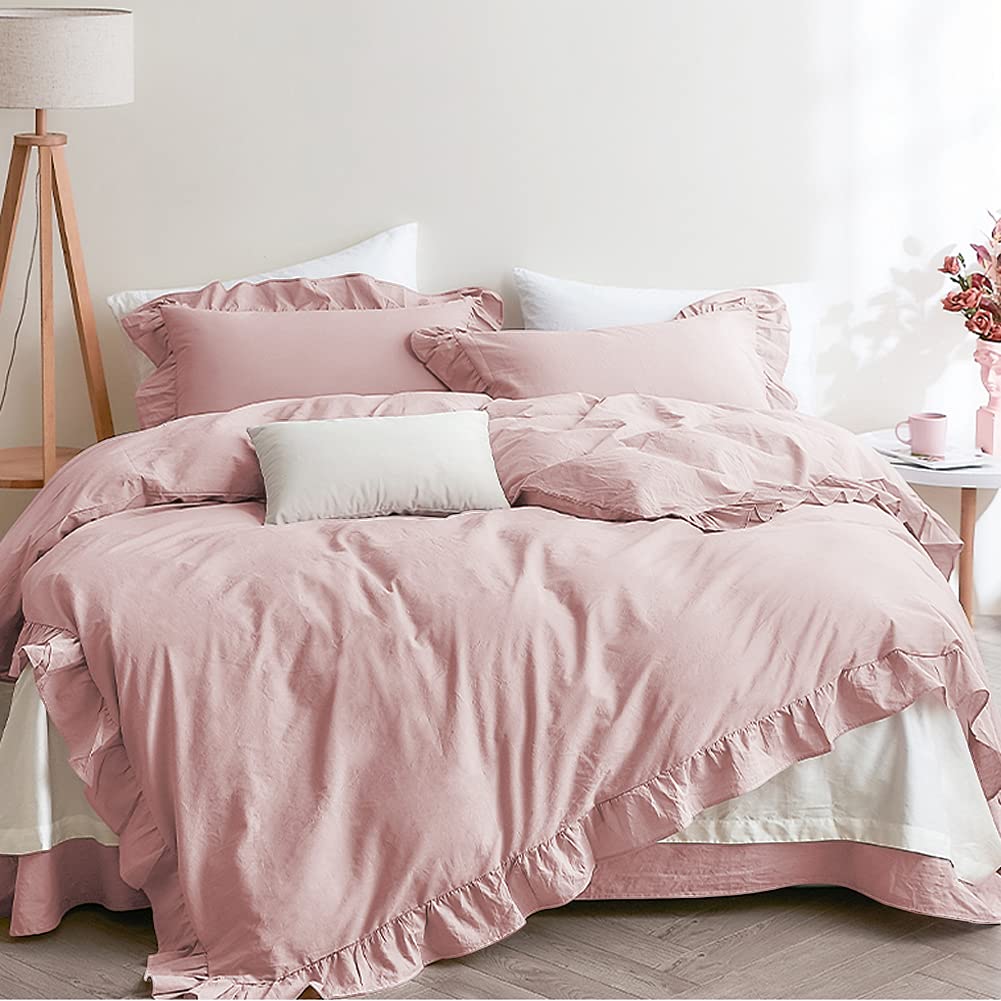 Omelas Blush Pink Ruffled Duvet Cover Set Twin Size Vintage Ruffle Fringe Comforter Cover Solid Color Farmhouse Rustic Single Bedding Soft Microfiber,Zipper Closure,1 Sham (Mauve Pink, Twin)