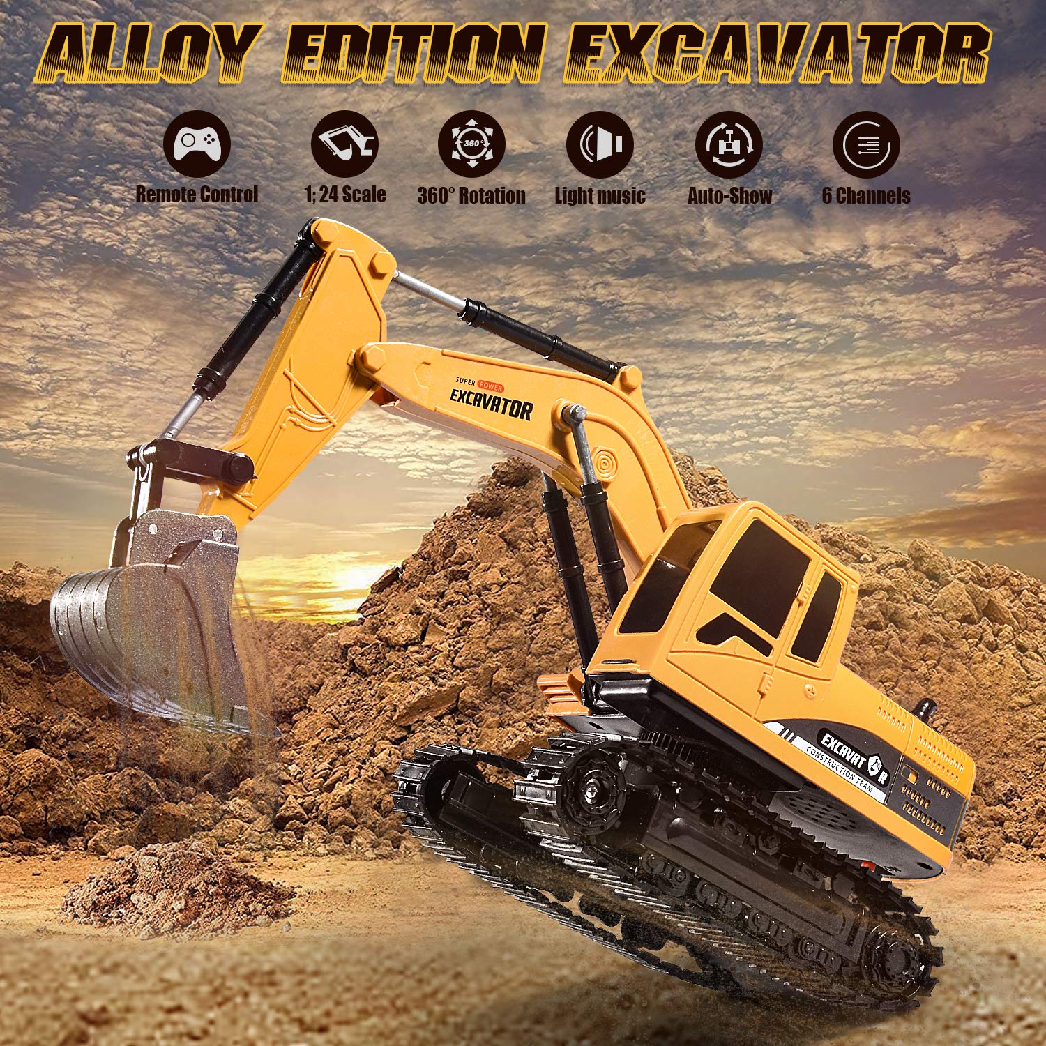 Urabiu Remote Control Toy Excavator Truck Fully Functional Children Toy Rechargable Simulated Sounds Engineering Sand Digger Construction Vehicle Toy Gift for Toddlers