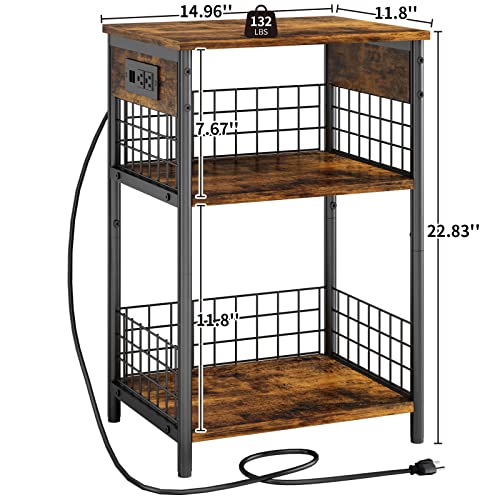 LDTTCUK Side Table with Charging Station & USB Ports,3-Tier End Table for Living Room,Study,Bedroom,Narrow Sofa Table Bedside Table with Storage Shelf,Small Nightstand,Rustic Brown