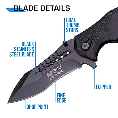 MTech USA β Spring Assisted Folding Knife β Black Stainless Steel Blade and Black Aluminum Handle with Rope Cutter, Glass Punch and Pocket Clip - Hunting, Camping, Survival, Tactical, EDC β MT-A845BK