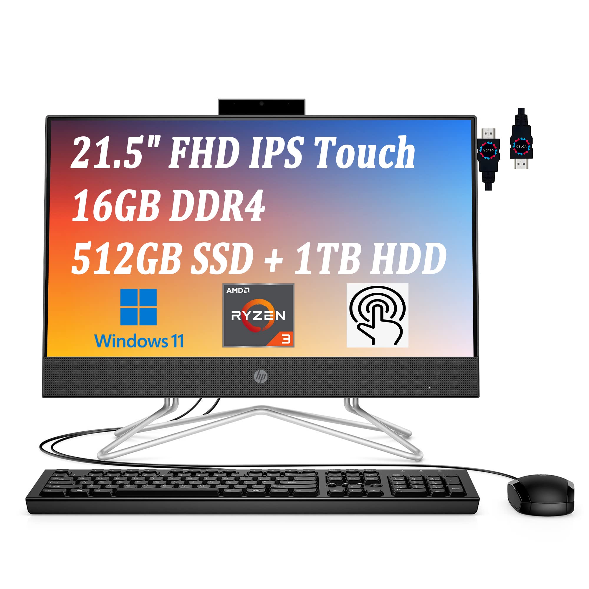 HP 22 All-in-One Desktop Computer I 21.5" FHD IPS Touchscreen (72% NTSC) I AMD Ryzen 3 3250U I 16GB DDR4 512GB SSD + 1TB HDD I DVD-RW Keyboard & Mouse Bluetooth HD Webcam Win11 Black + HDMI Cable