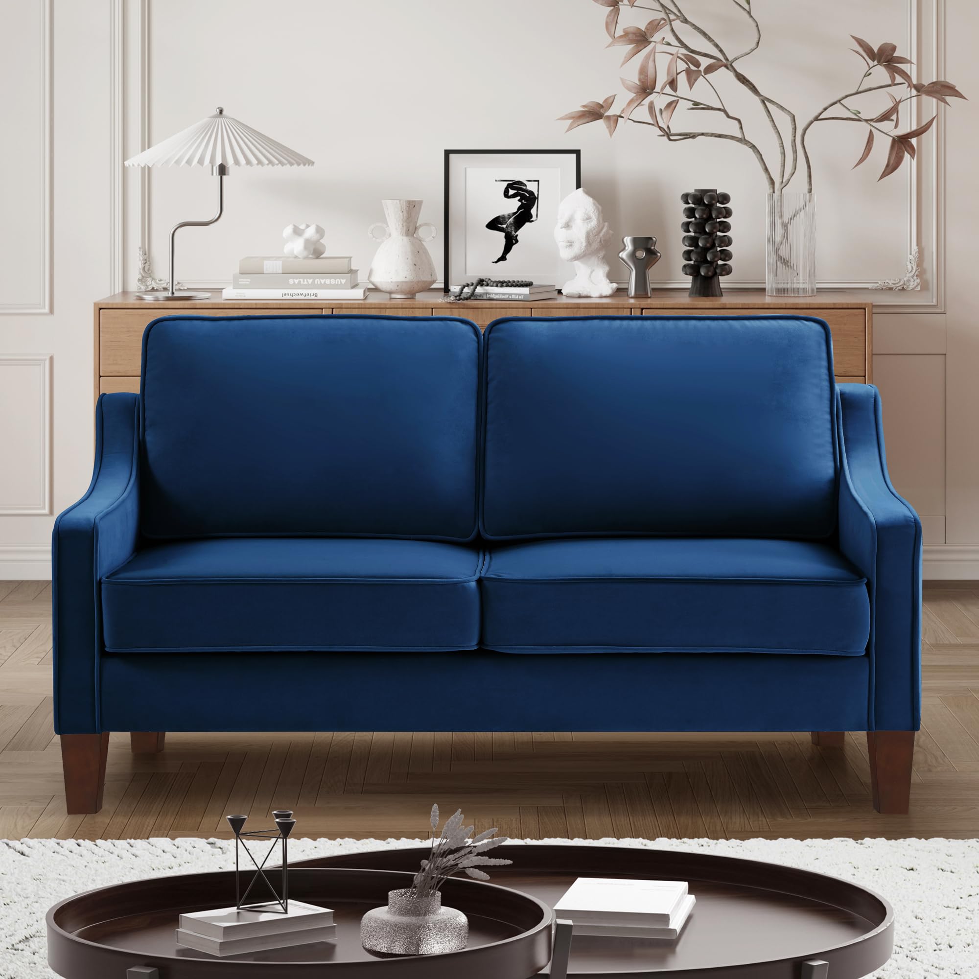 GOAWGO Modern Velvet Loveseat Sofa Couch Upholstered Love Seat Couches with Wooden Legs Comfy 2 Seat Small Couch for Living Room Bedroom Small Spaces, Navy