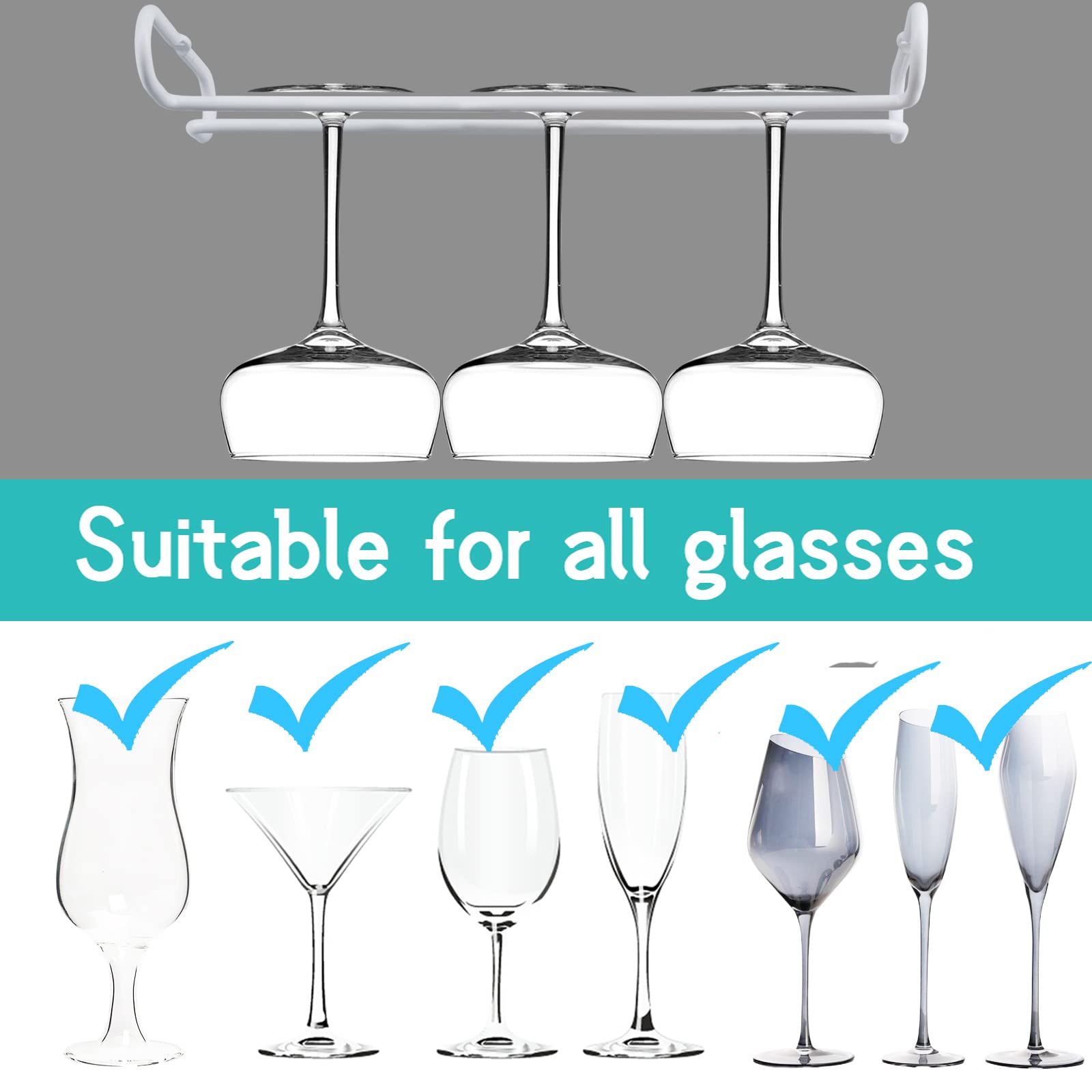 eastbao white 2 Wine Glass Rack Under Cabinet Shelf Glasses Holder Storage With Drying Stemware Rack Under Counter Wine Glass Holder Metal Hanger Steamware Wine Glass Hanging Rack for Kitchen