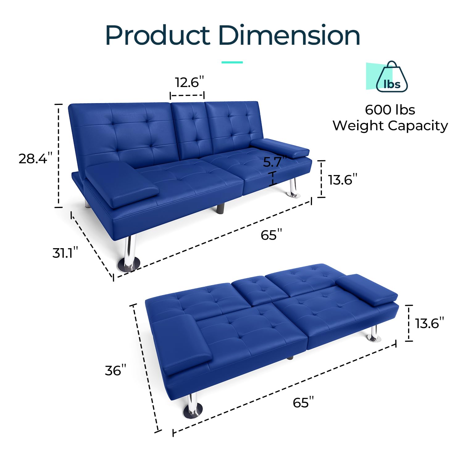 LINSY Futon Sofa Bed, Faux Leather Sleeper Sofa with Mattress and Frame, Convertible Futon Couch for Living Room, Blue