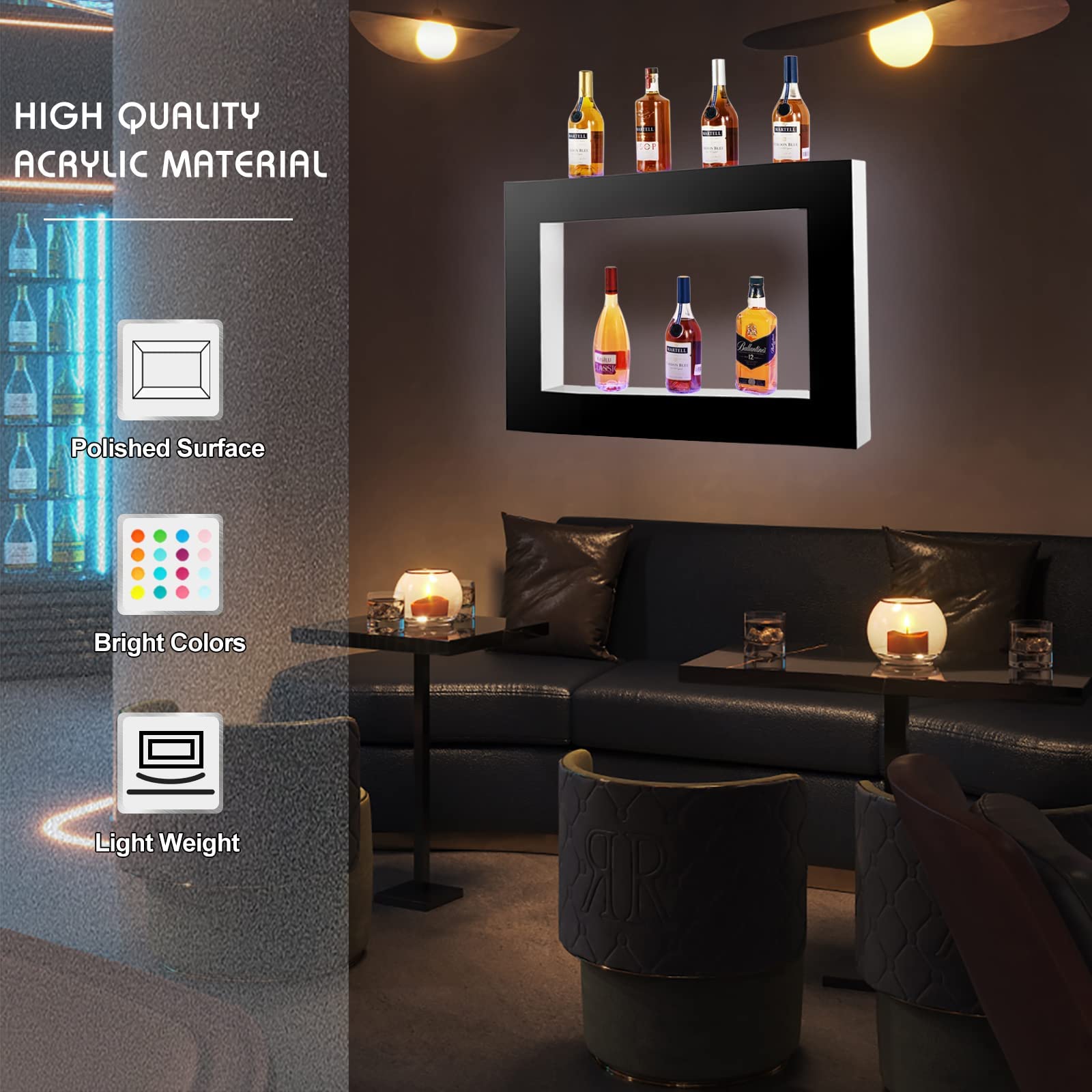 COSVALVE 3 Step Lighted Liquor Bottle Display Shelf, 16 Inch 20 Color Illuminated Bar Bottle Shelf 3-Tier Commercial Home Bar Bottle Display Drinks Acrylic Lighting Shelves with 44-Key Remote Control