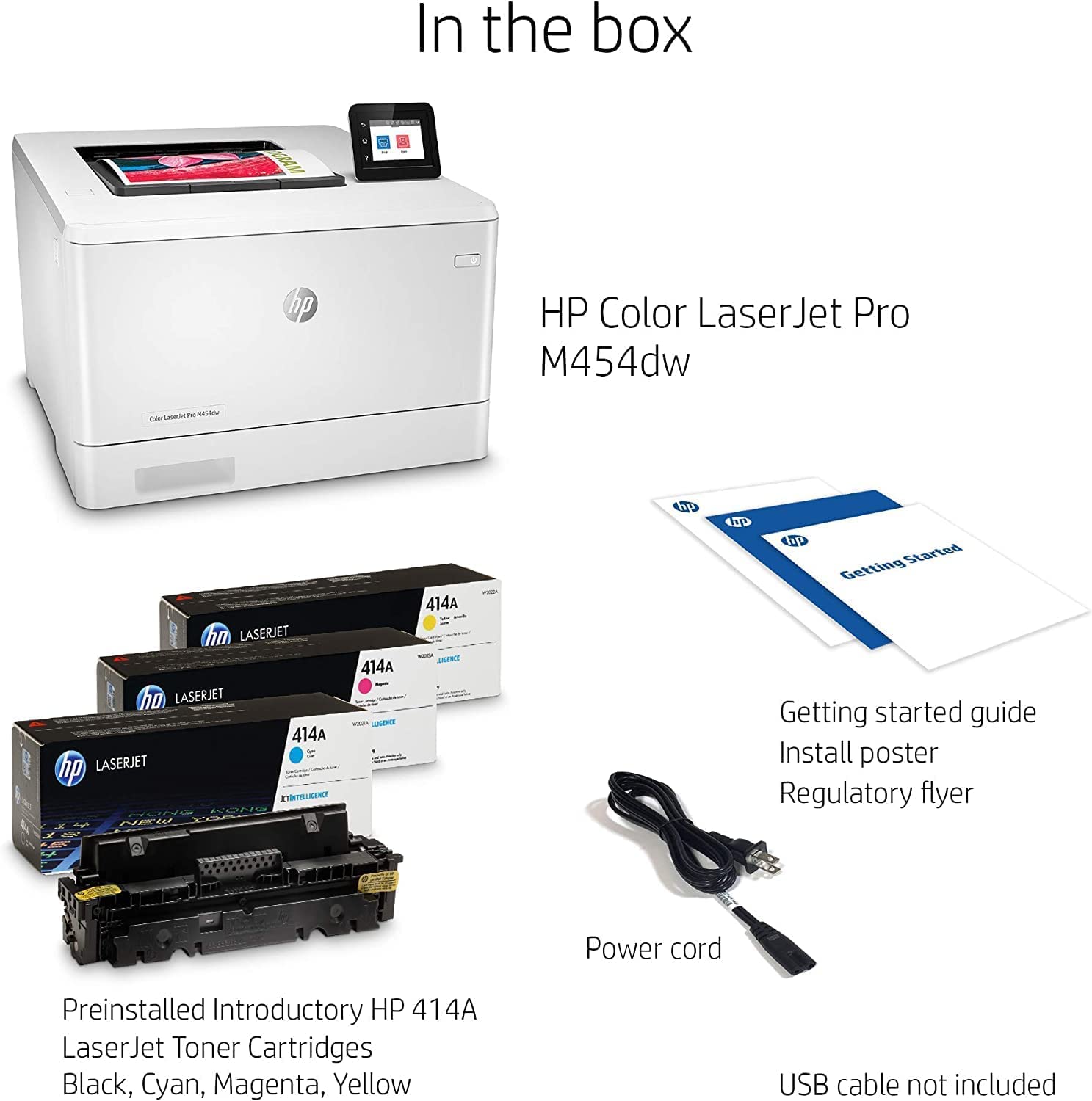 HP Color Laserjet Pro M454dw Print only Wireless Ethernet Laser Printer for Home Office, 28 ppm, 2.7" Touchscreen, 600 x 600 dpi, 8.5 x 14, 512MB RAM, Auto Duplex Printing, White, Cbmou Printer Cable
