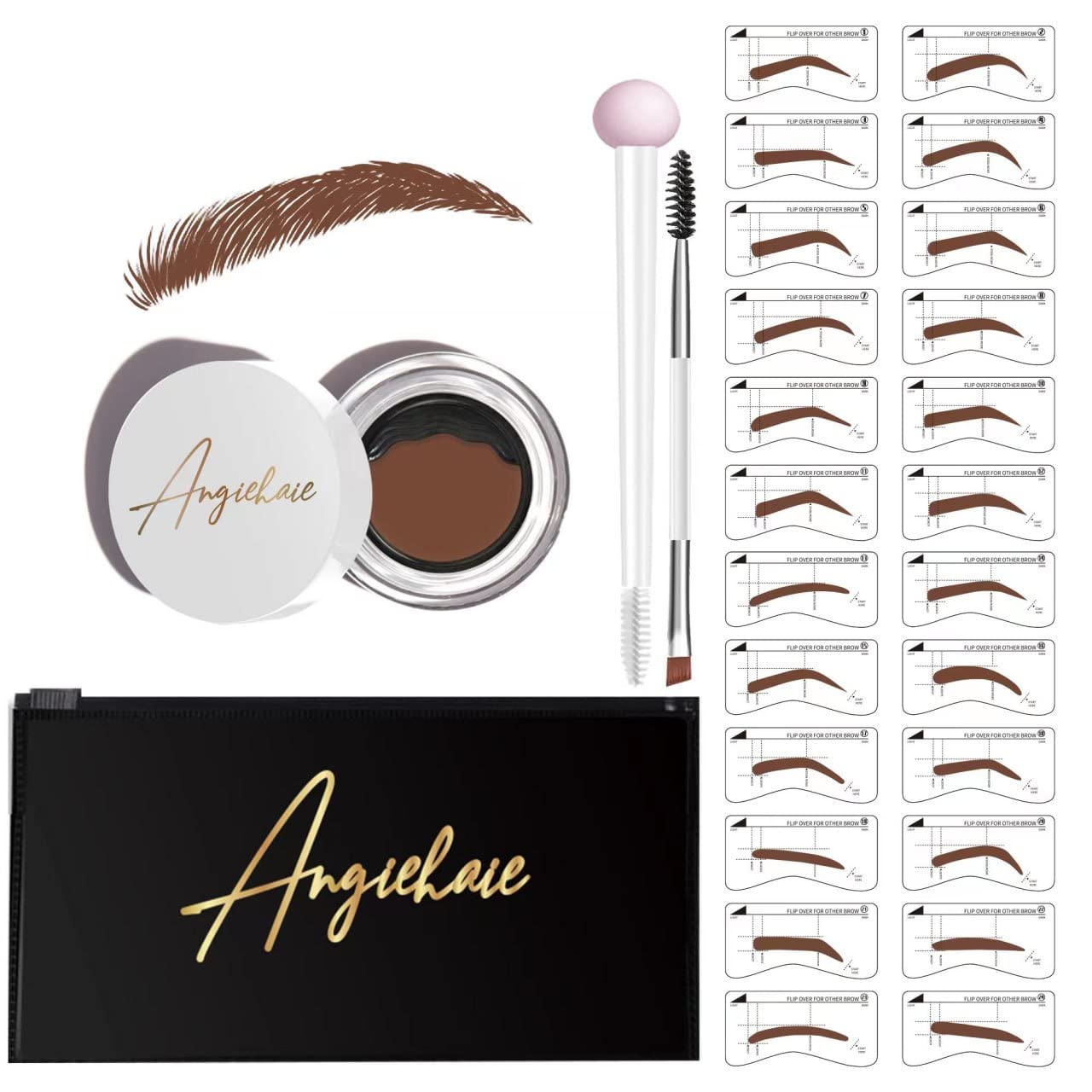 Eyebrow Stamp Stencil Kit, Brow Stamp, 24 Pieces Eyebrow Stencils Thick and Thin with 2 Dual Ended Brush and Sponge Applicators, Perfect Natural Brow, Waterproof (Medium Brown)