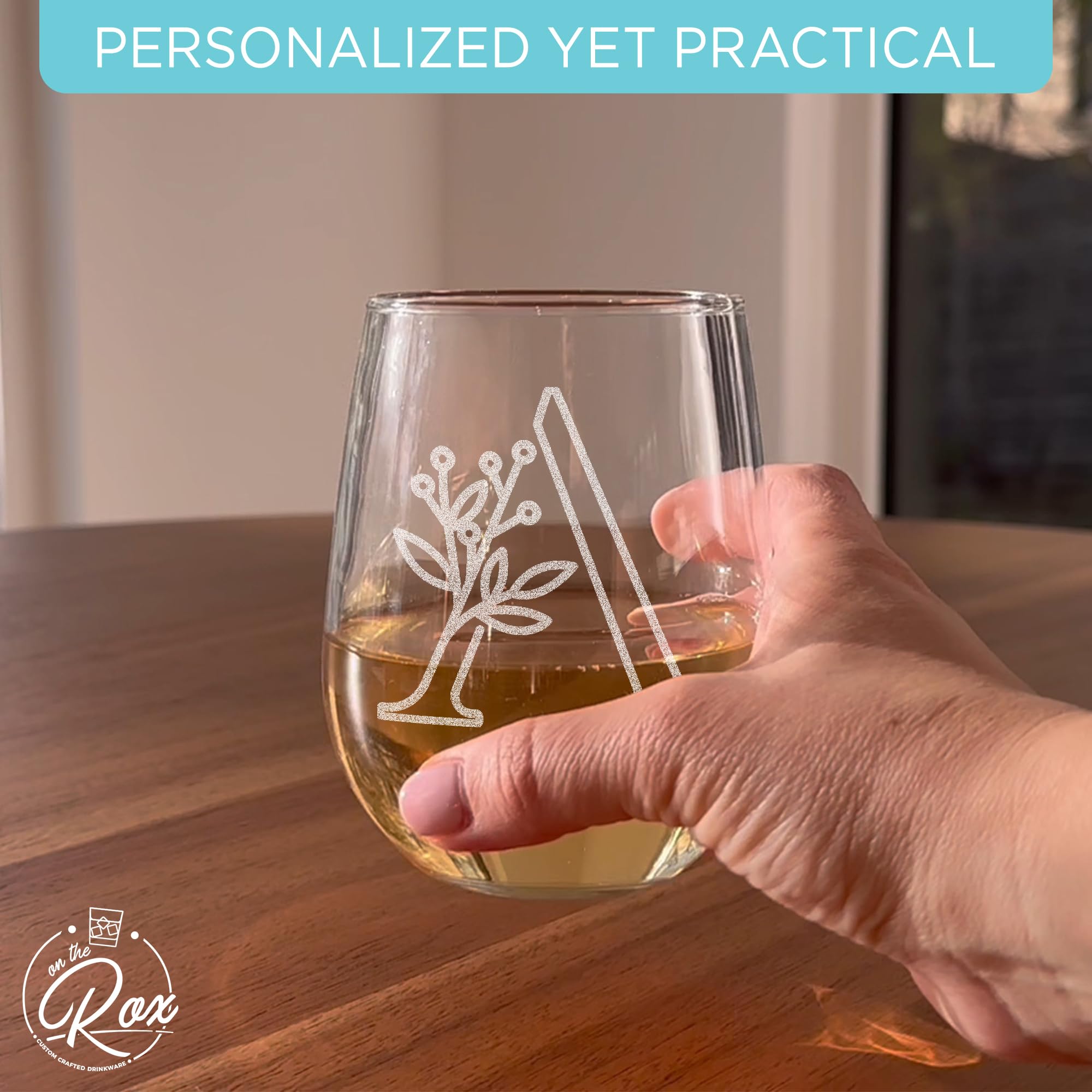 On The Rox Drinks Monogrammed Gifts For Women and Men - Letter A-Z Initial Engraved Monogram Stemless Wine Glass - 17 Oz Personalized Wine Gifts For Women and Men (A)