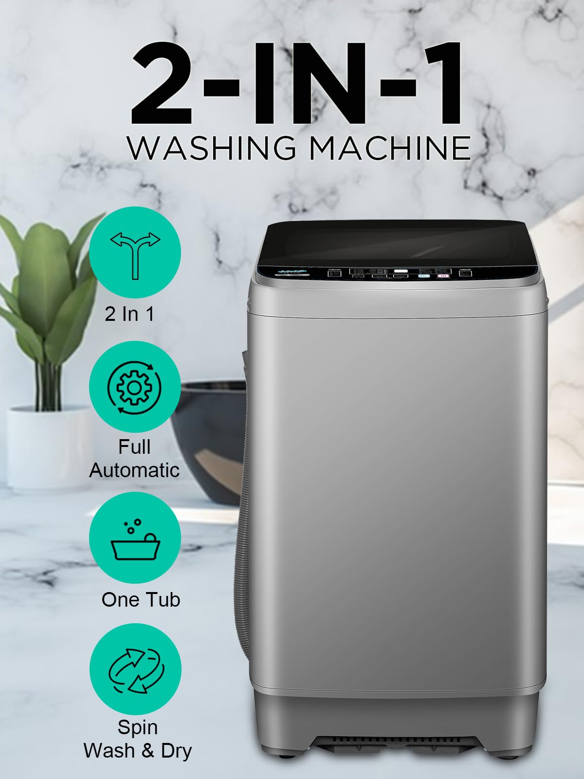 KRIB BLING Full Automatic Washing Machine with LED Display, 25 lbs Portable Washer Drain Pump, Come with a Glass Cover, 8 Programs & 8 Water Levels Selections, Ideal for Camping, Apartment, Dorm, Grey