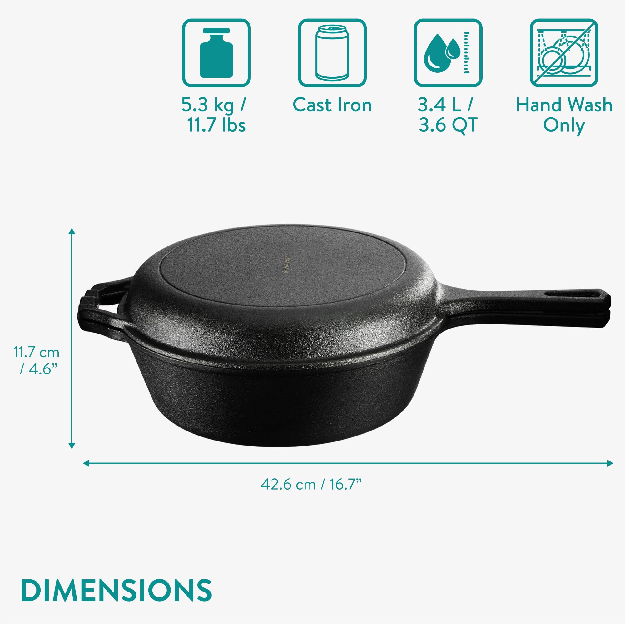 Navaris Cast Iron Casserole Dish Pot with Handle 3.6QT / 10.4" (3.4L / 26.4cm) - Dutch Oven for Bread Making - Pre-Seasoned Cast Iron Pot with Frying Pan Lid