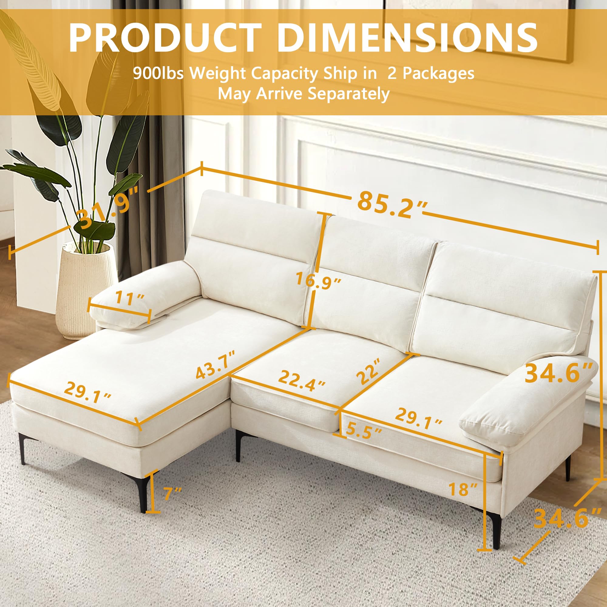 Ihanherry 85β Convertible Sectional Sofa Couch, 3 Seat Sofa for Living Room L-Shaped Modern Chenille Fabric Modular Sofa Reversible Wide Chaise & Fluffy Armrests for Apartment (Beige)