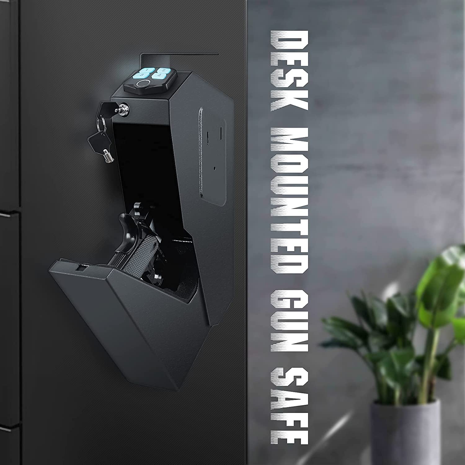 Dalmbox Mounted Fingerprint Gun Safe for Pistols, Auto Open Lid Biometric Pistol Safe, California DOJ Certified Quick Access Handgun Safe for Nightstand with Digital Keypad & 2 Emergency Keys Black