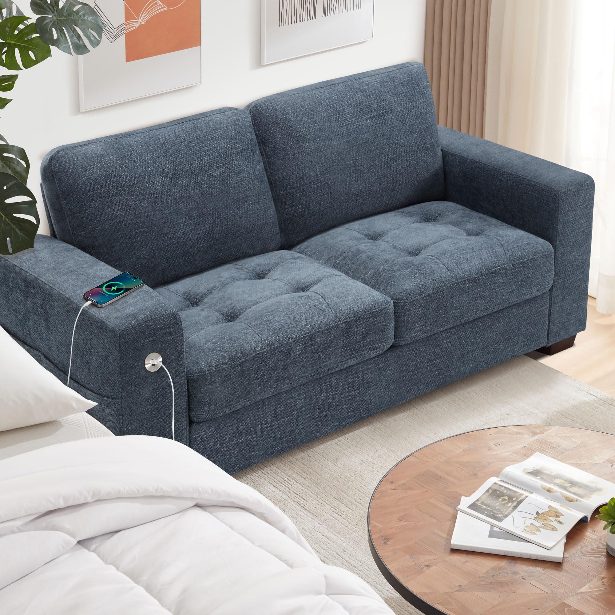 Ihanherry Sofa 70 Inch Loveseat with USB/Type-C Charging Port & Side Pocket, Comfy Modern 2-Seats Sofa for Living Room & Bedroom, Removable Medium Firm Sofa Cushion, Breathable Chenille Fabric, Blue
